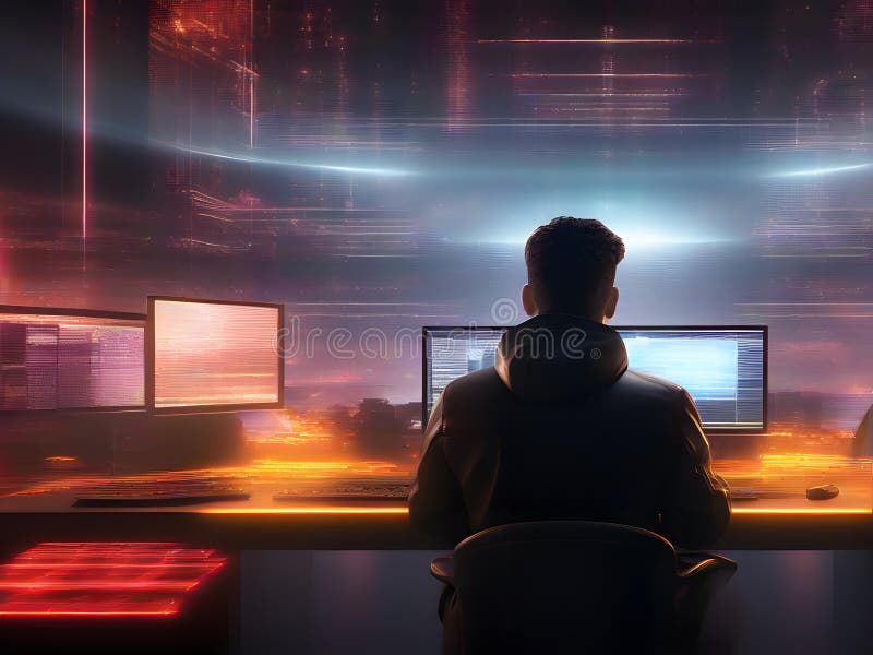 Back View of a Teenage Hacker Working in Computers Stock Photo - Image ...