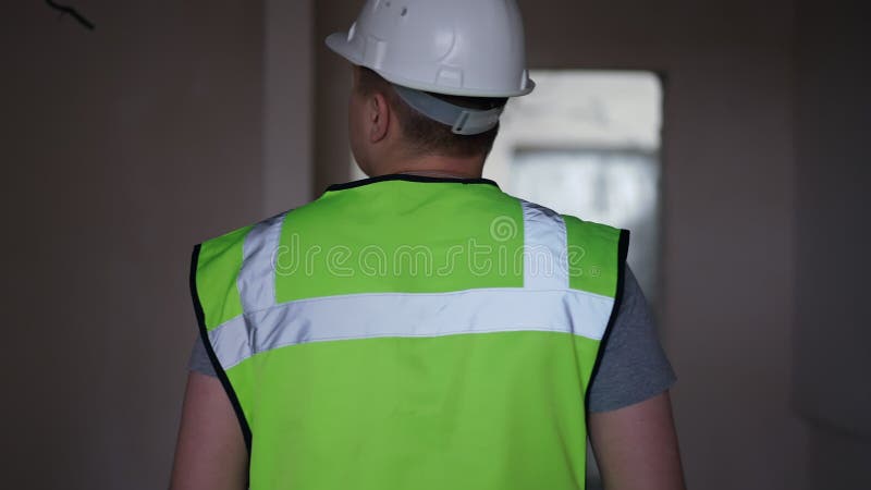 Back View Thoughtful Confident Builder Walking in New Apartment ...