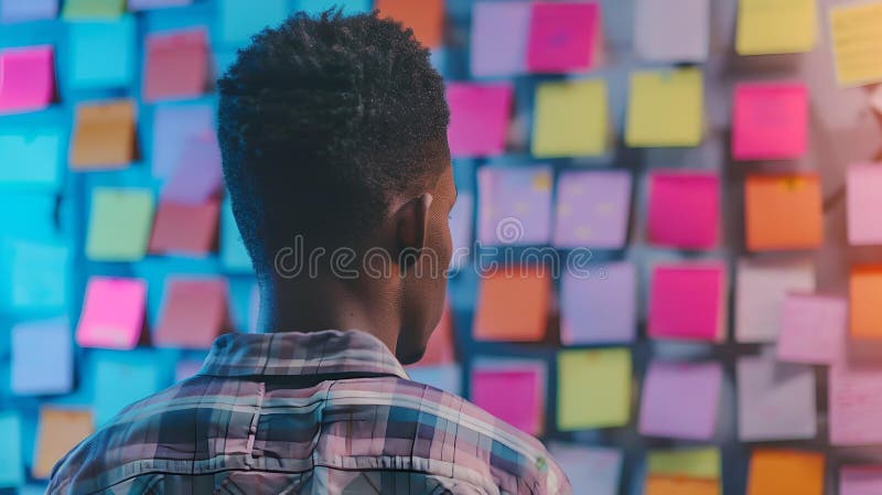 Young Man Contemplating a Colorful Wall of Sticky Notes. Creative ...