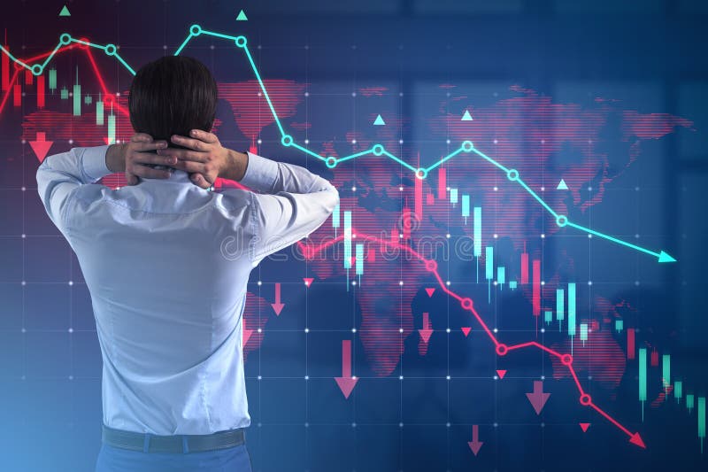 Back View of Thoughtful Young Man Looking at Falling Red Forex Chart ...