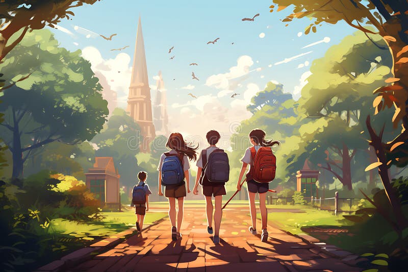 Back View of Three Kids with Backpacks Walking in the Park Vector ...