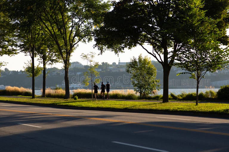 Back View of Three Men Running on Bicycle Path Along the Champlain ...