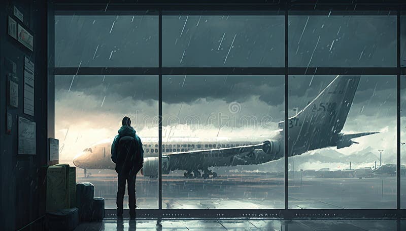 Back View To Person Looking through Airport Window To Plane in Rain ... Back View To Person Looking through Airport Window To Plane in Rain ...