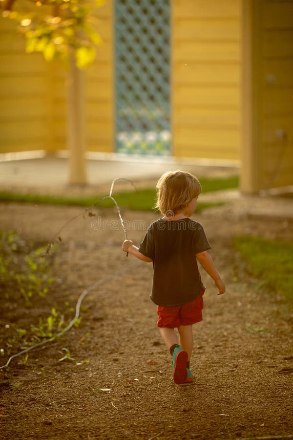 Back View of Toddler Walking Along Path and Holding Twig Stock Photo ...