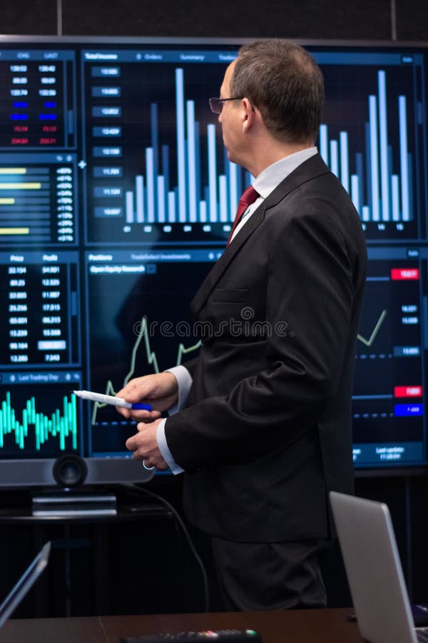 Back View of Trader Analyzing Infographics Stock Image - Image of ...