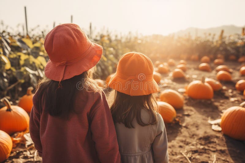 Back View of Two Children in Seasonal Pumpkin Patch Stock Illustration ...