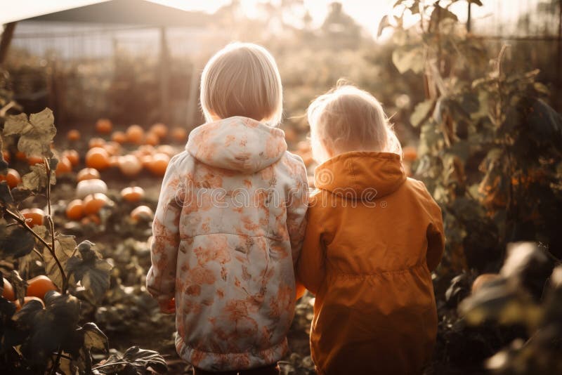 Back View of Two Children in Seasonal Pumpkin Patch Stock Photo - Image ...