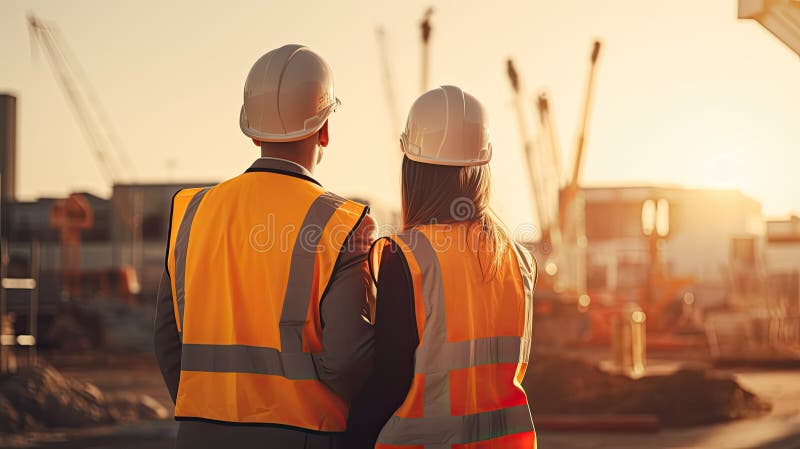 Back View of Two Engineers Standing Back To Back and Looking at ...
