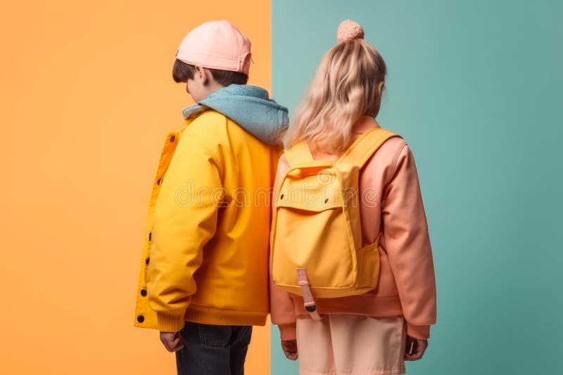 Back View of Two Friendly Schoolkids with Backpacks on Colorful ...