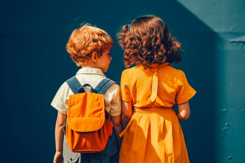 Back View of Two Friendly Schoolkids in Uniform with Backpacks ...