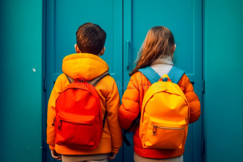 Back View of Two Friendly Schoolkids in Uniform with Backpacks ...
