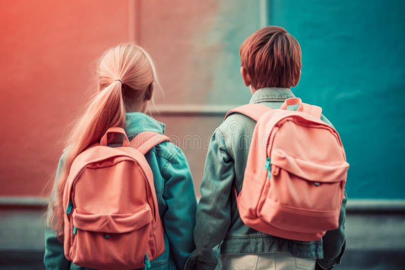 Back View of Two Friendly Schoolkids in Uniform with Backpacks ...