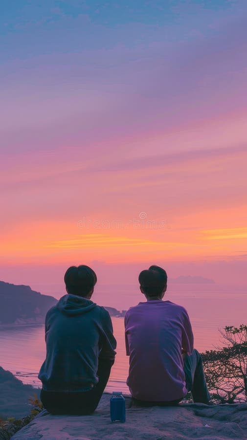 Back View of Two Friends Sitting on Mountain Looking at Sunset Stock ...