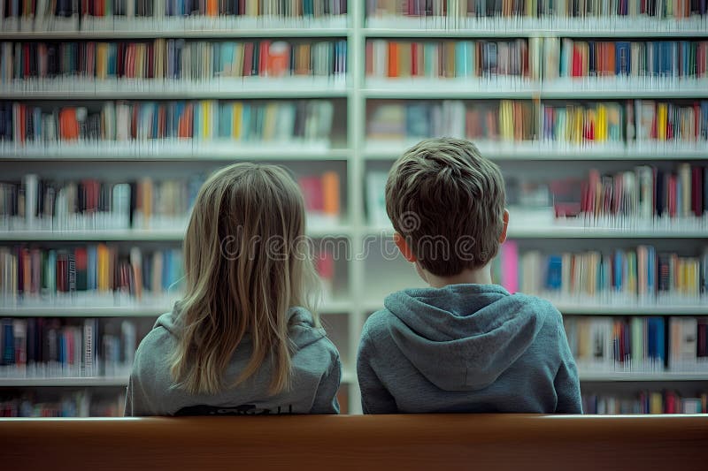 A Back View of Two Kids Sitting in Front of a Giant Bookshelf Stock ...