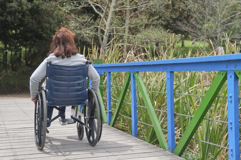 Back View of an Unknown Woman Strolling in a Wheelchair, Outdoors Stock ...