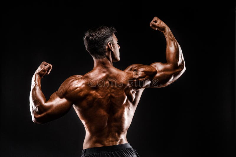 Back View of Unrecognizable Man, Strong Muscles Posing with Arms Up ...