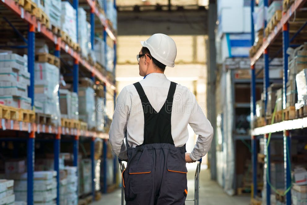 Back View of a Warehouse Worker with a Trolley. Stock Photo - Image of ...