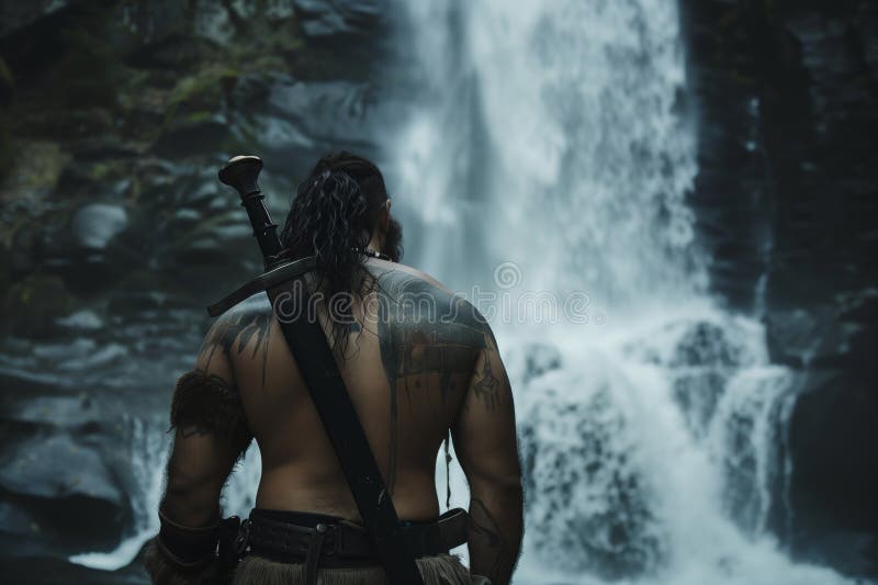 Back View of Warrior with a Sword Sheathing, Facing a Waterfall Stock ...