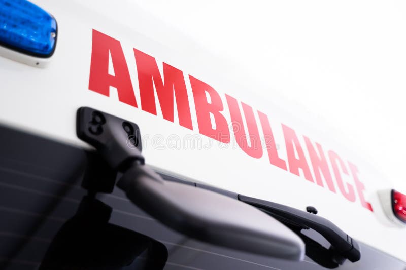 Back View of White Ambulance with Red Lettering Stock Image - Image of ...