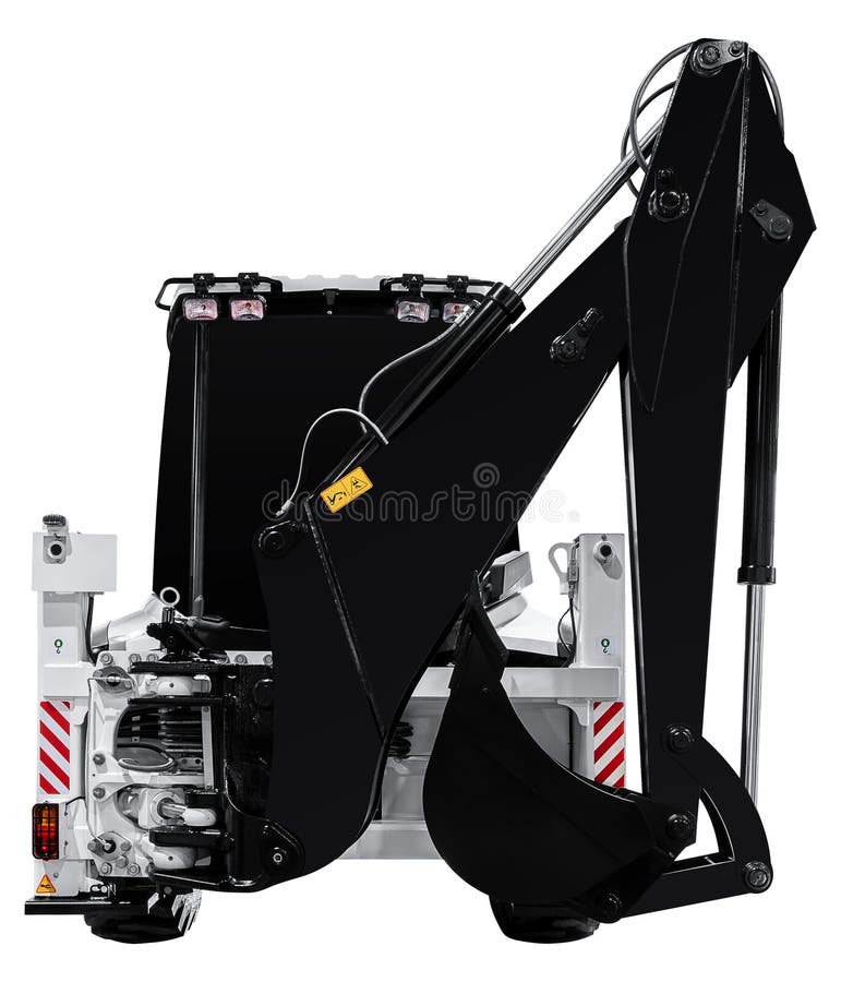 Back View White Backhoe with Black Excavator Arm Isolated on White ...