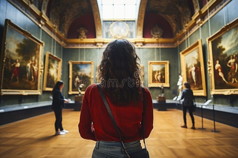 Back View of Woman in Art Gallery Appreciating Artwork Stock Image ...