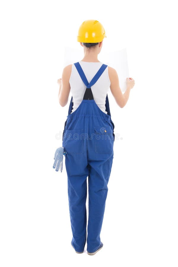 Back View Woman Builder Workwear Holding Building Plan Stock Photos ...