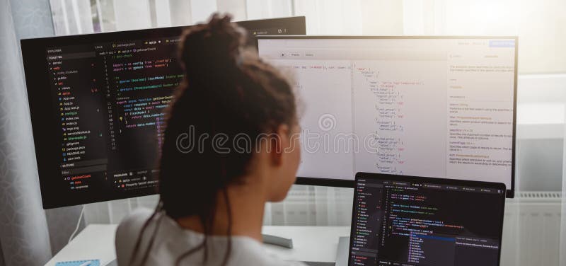 Back View of Woman Coding on Computer, Professional Female Programmer ... Back View of Woman Coding on Computer, Professional Female Programmer ...