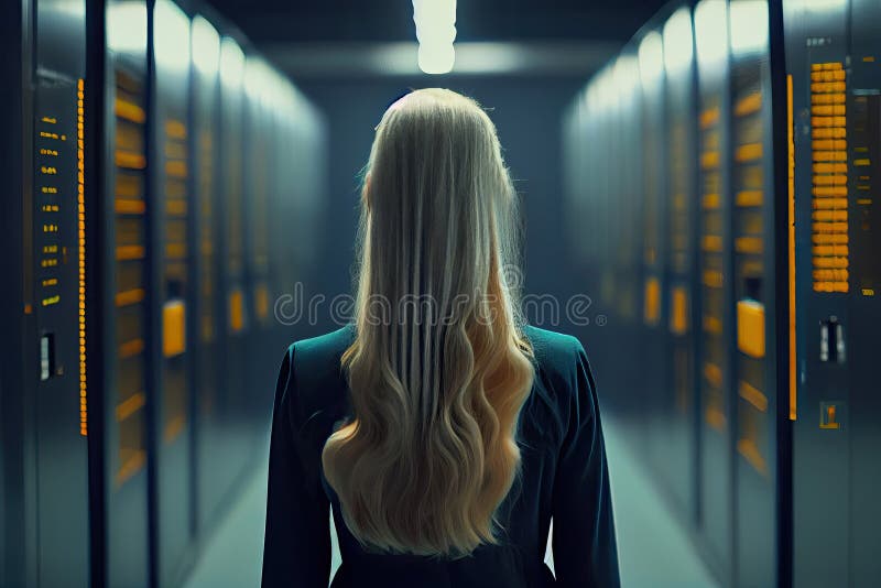 Back View of Woman it Engineer in the Server Room of a Modern Data ...