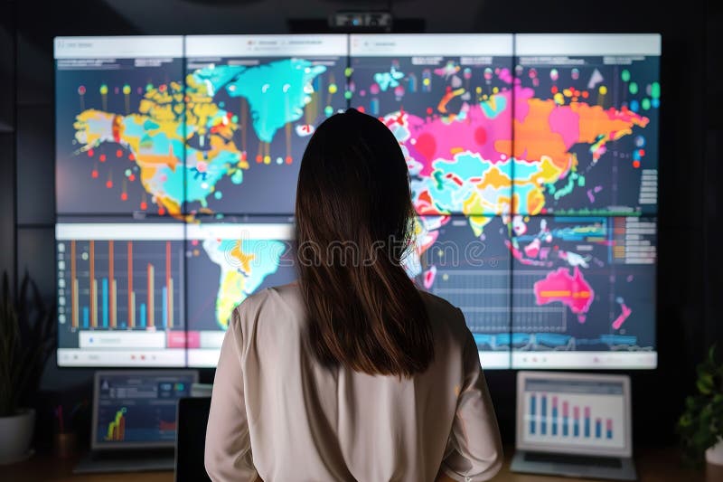 Woman Analyzing World Data on a Large Screen in a Modern Workspace ...