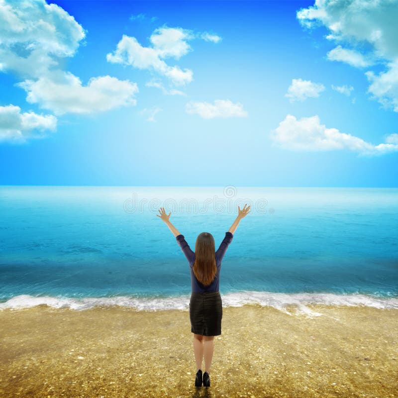 Back View Woman Facing the Sea Stock Image - Image of coast, sunny ...