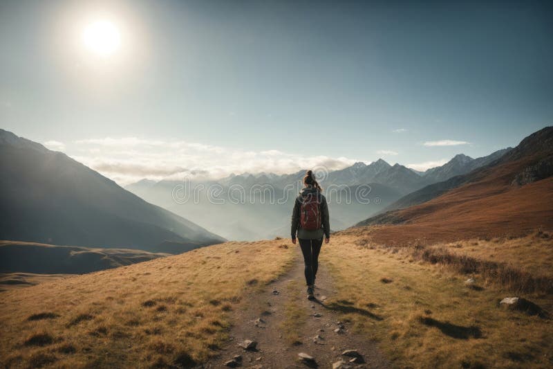 Back View Woman Hiker Walking To Mountains Sharp Bright. Ai Generative ...