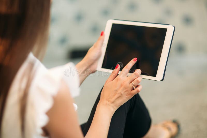 Back View of Woman Hold Tablet. Mock Up Tablet Stock Photo - Image of ...