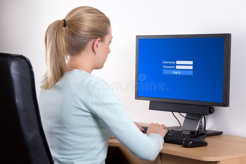 Back View of Woman with Personal Computer Using Email or Social Stock ...