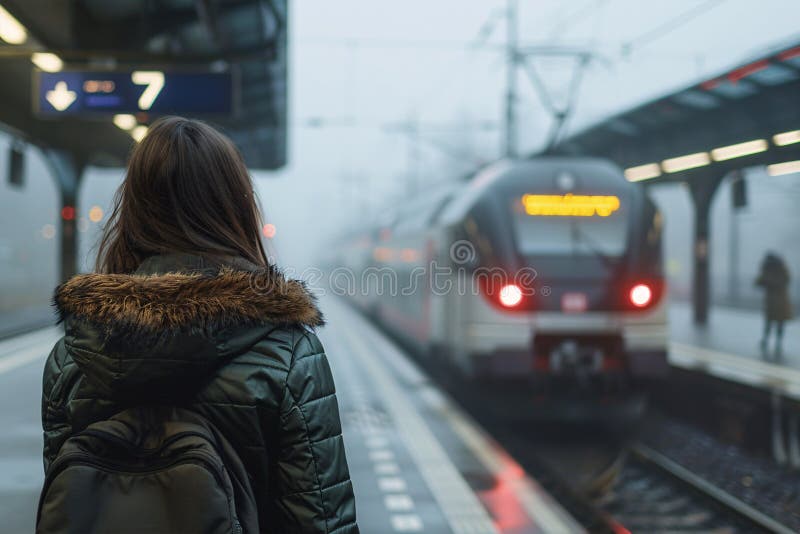 Back View of Woman at Platform with Passing Train Stock Illustration ...
