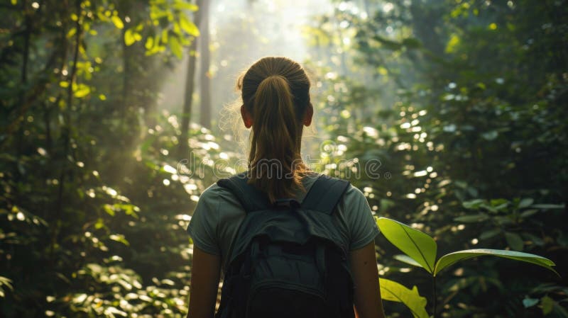 Back View of a Woman with a Ponytail, Hiking through a Dense Forest ...
