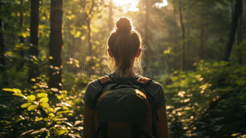 Back View of a Woman with a Ponytail, Hiking through a Dense Forest ...
