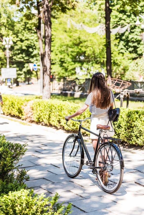 Back View of Woman with Retro Bicycle Walking on Street Stock Image ...