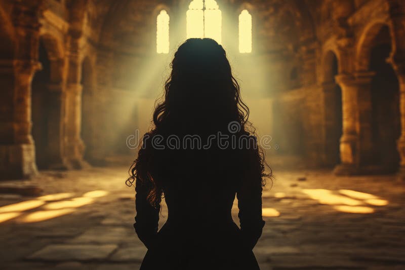 Back View of a Woman Silhouette Standing Alone in Empty Medieval Castle ...