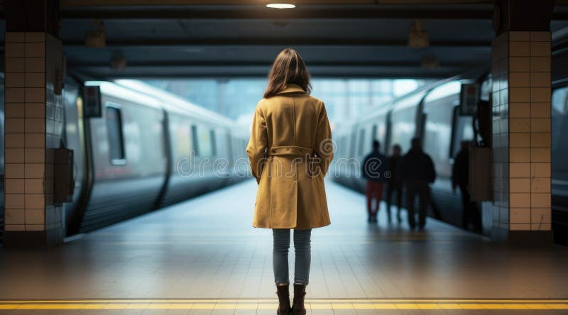 Back View of Woman Standing Alone on Platform in Subway or on Metro ...