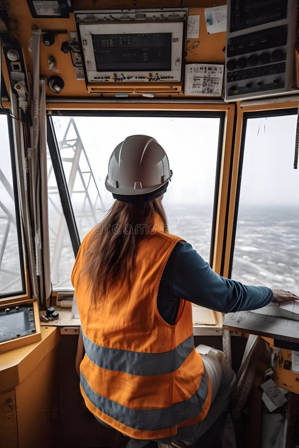 Back View Woman Tower Crane Operator in the Cabin at the Construction ...