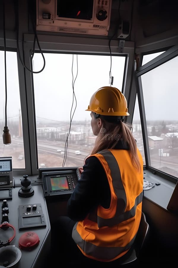 Back View Woman Tower Crane Operator in the Cabin at the Construction ...