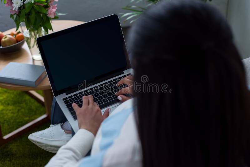 Back View of Woman Using Laptop with Blank Screen Stock Photo - Image ...
