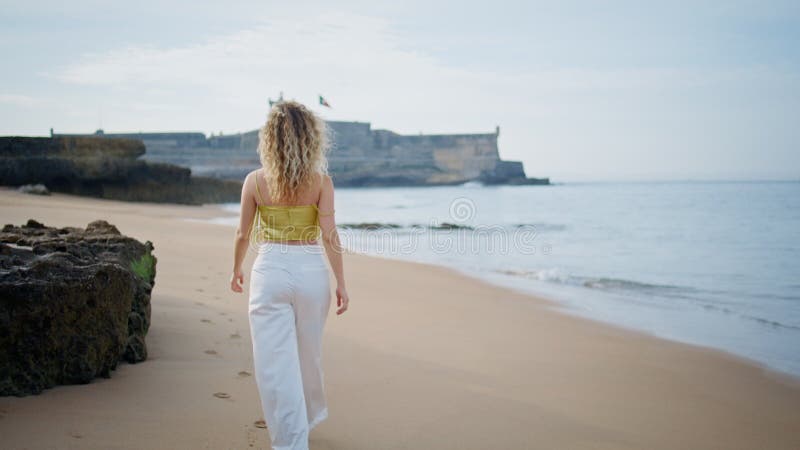 Back View Woman Walking Sand Beach Enjoying Evening Seascape Girl