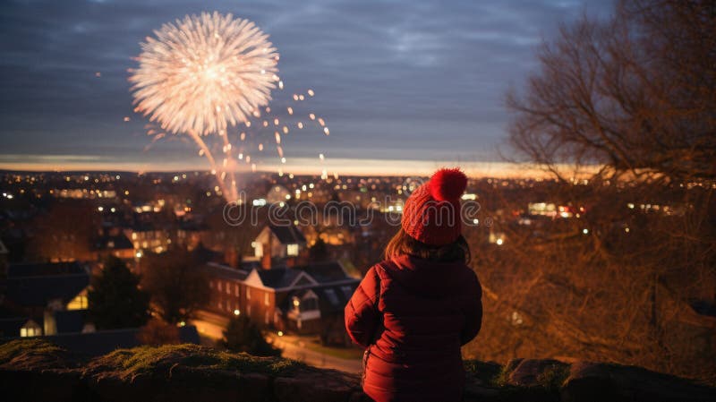 Back View of a Woman Watching Fireworks Over the City at Night . Stock ...
