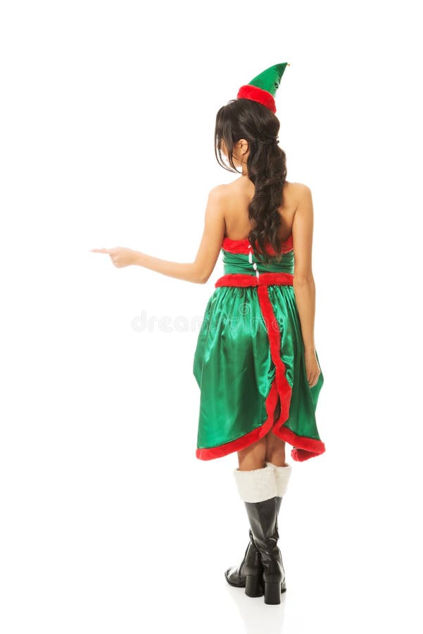 Back View of Woman Wearing Elf Clothes Pointing To the Left Stock Image ...