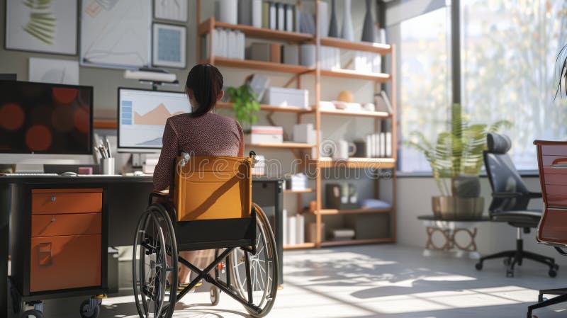 Back View of a Woman in a Wheelchair Working on a Computer in a Home Office. Highlighting Remote ...