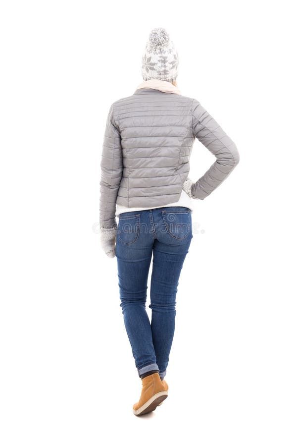 Back View of Woman in Winter Clothes Isolated on White Stock Photo ...