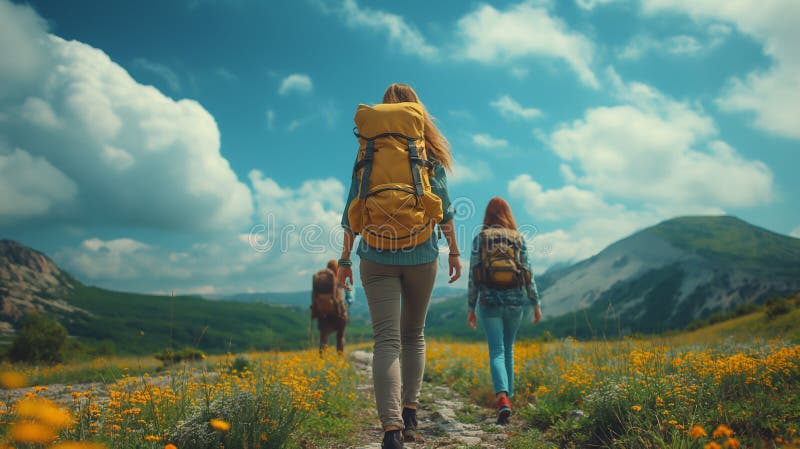 Back View of Women Hikers with Backpacks Walking on the Path in the ...