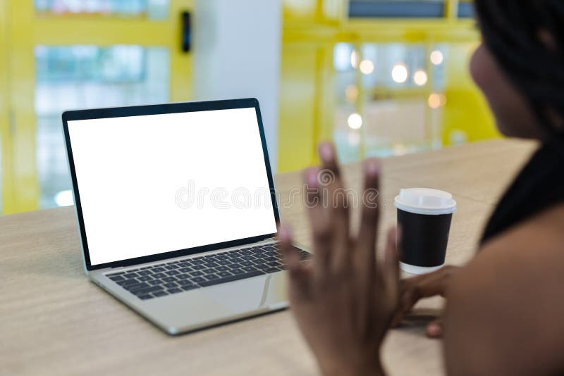 Back View of Women Using Laptop Computer Blank White Screen. Stock ...