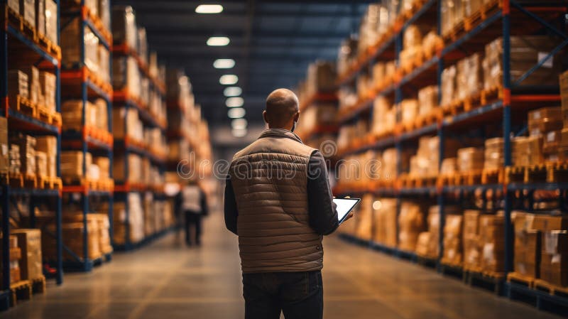 Back View of a Worker Holding a Tablet Using a Smart Warehouse ...